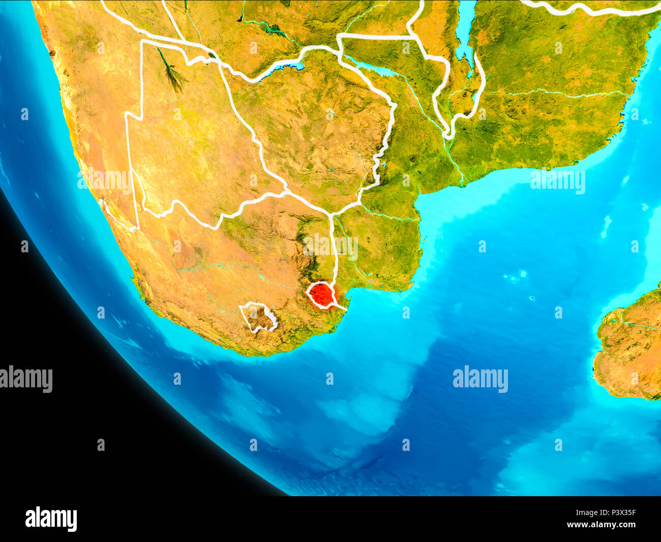 Swaziland highlighted in red on planet Earth with visible borders. 3D illustration. Elements of ...