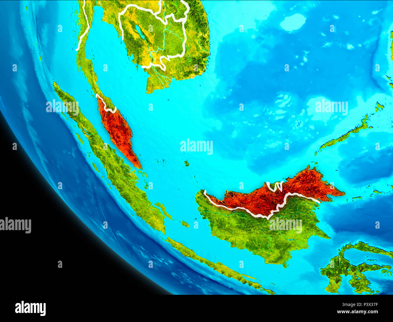 Malaysia highlighted in red on planet Earth with visible borders. 3D ...