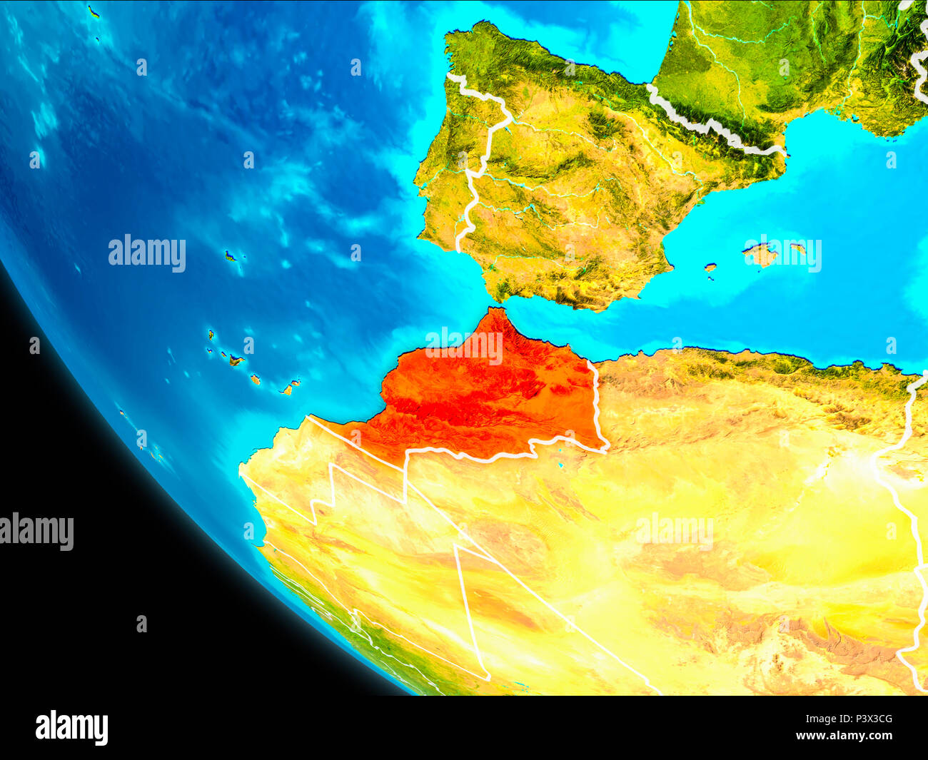 Morocco highlighted in red on planet Earth with visible borders. 3D ...