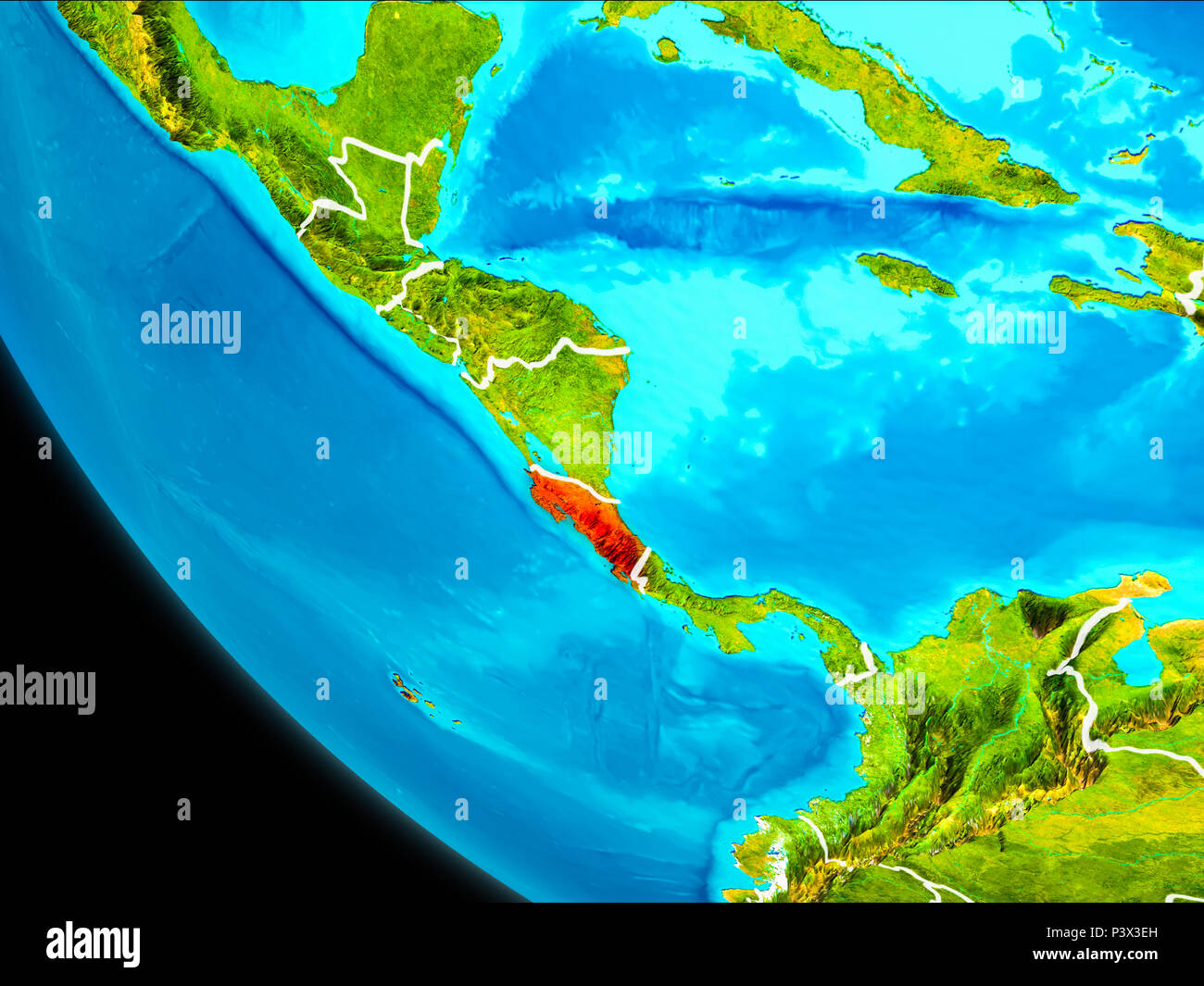 Costa Rica highlighted in red on planet Earth with visible borders. 3D ...