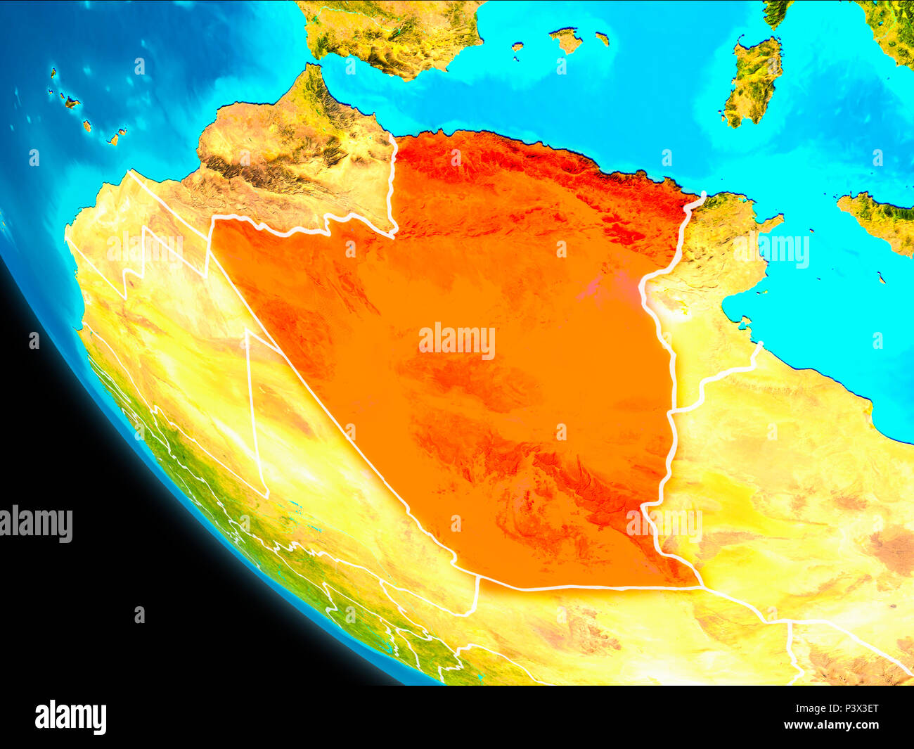 Algeria highlighted in red on planet Earth with visible borders. 3D ...