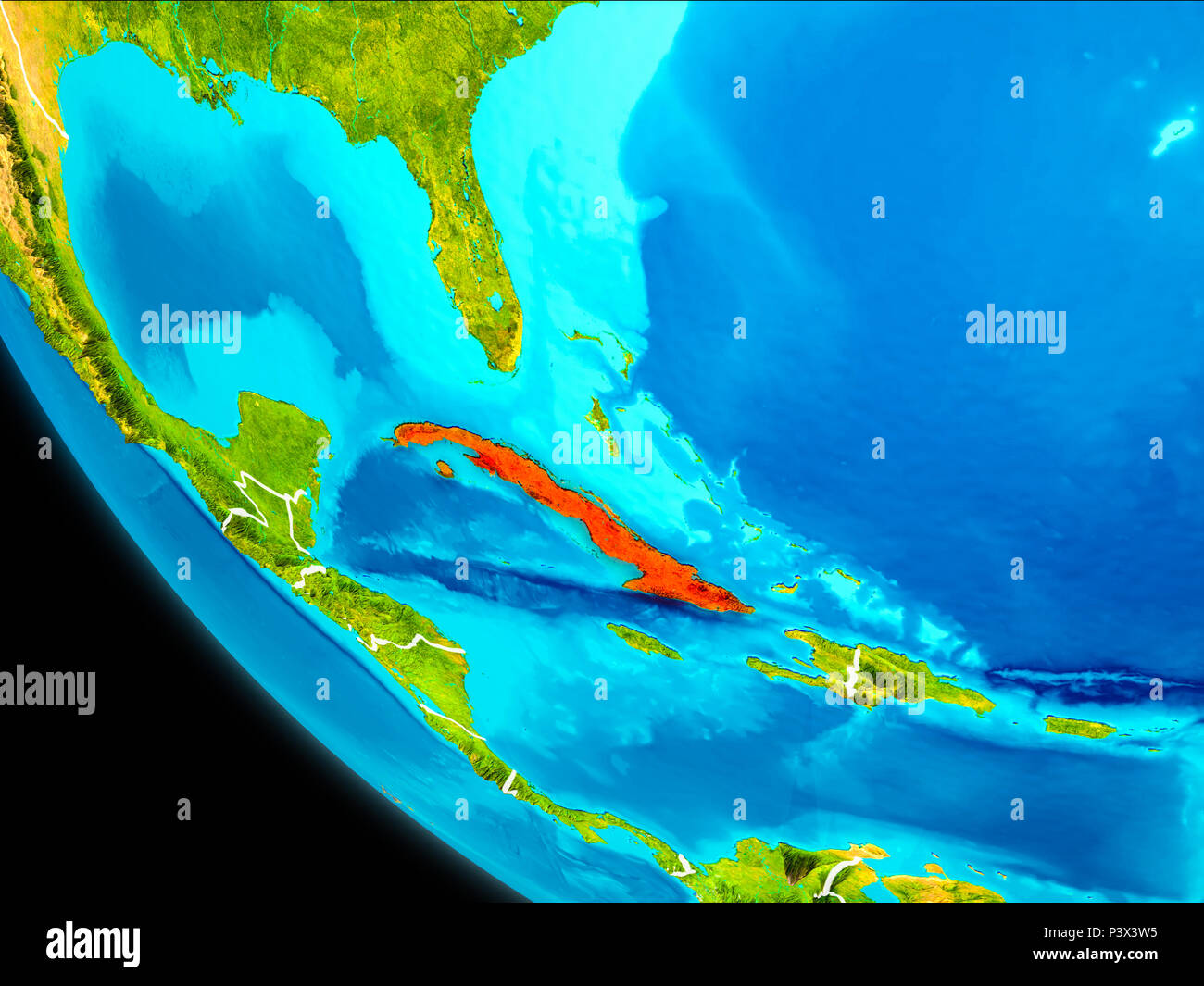 Cuba highlighted in red on planet Earth with visible borders. 3D ...