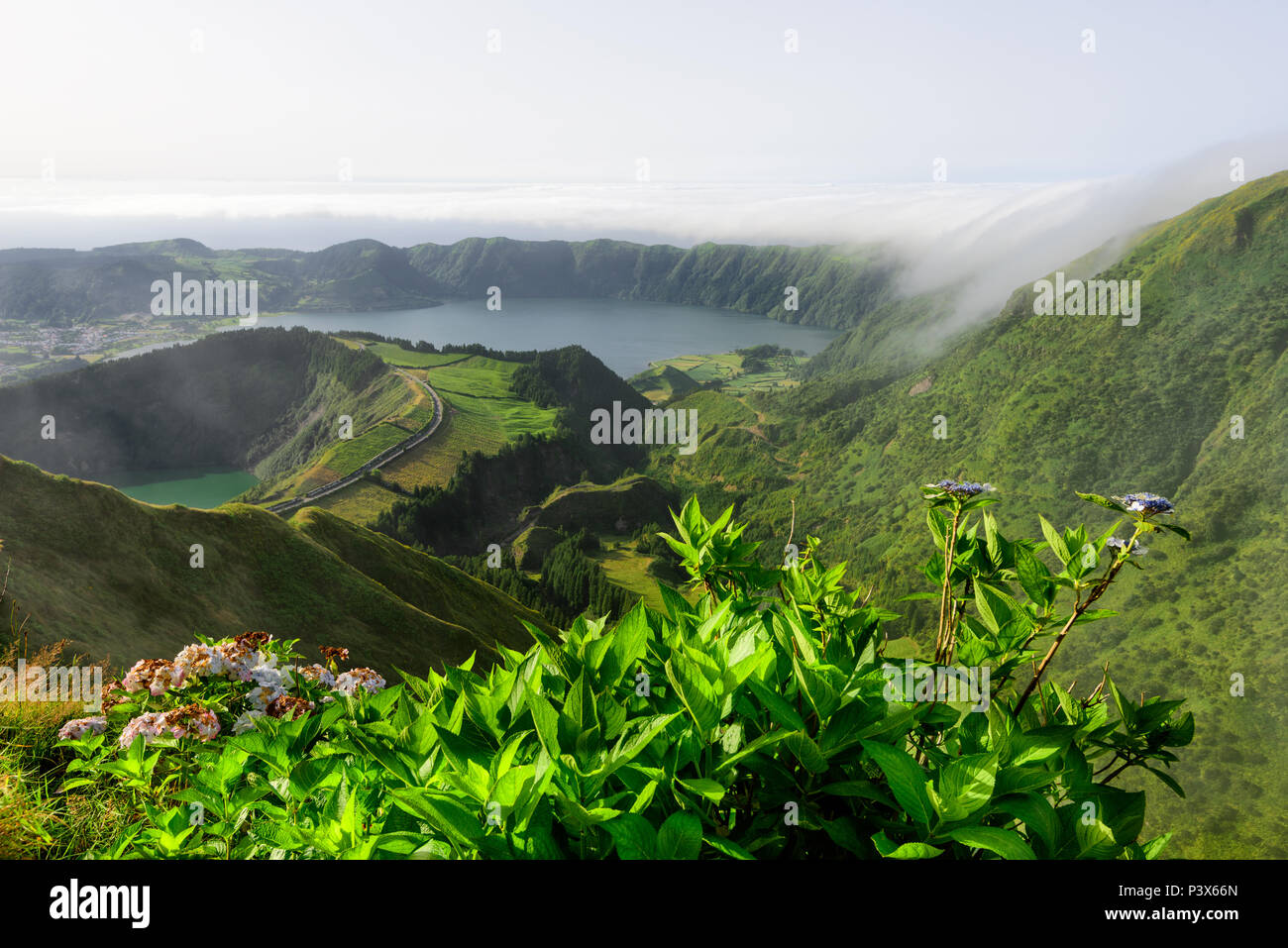 Panoramic landscape from Azores lagoons. The Azores archipelago has ...
