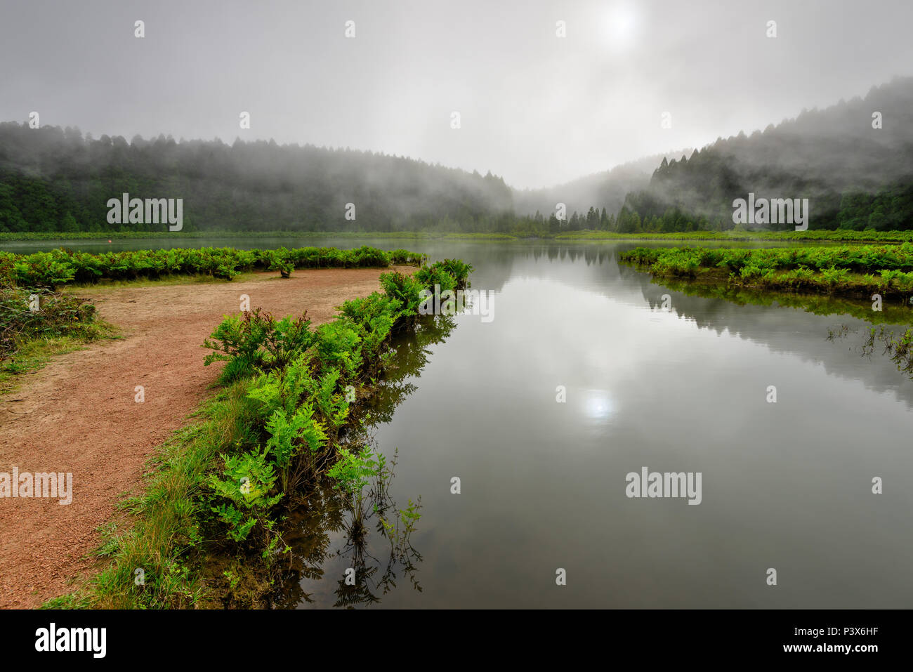 Panoramic landscape from Azores lagoons. The Azores archipelago has ...