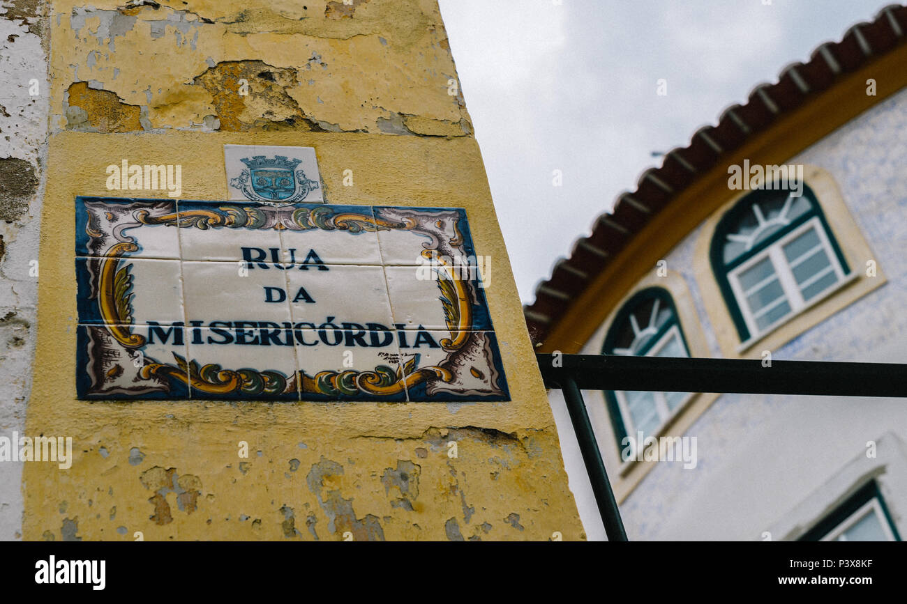 View of a street sign with traditional Portuguese azulejo tiles Stock ...