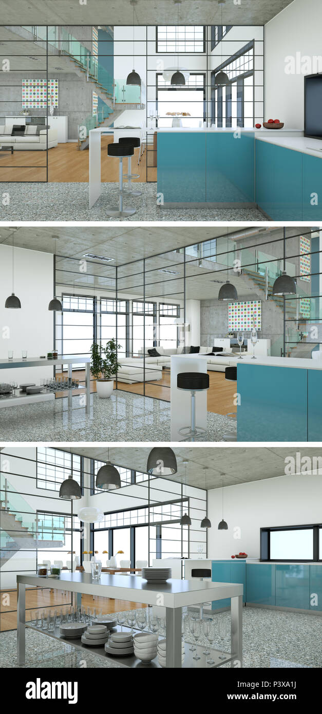 3d Illustration of three views of a modern kitchen with a beautiful ...