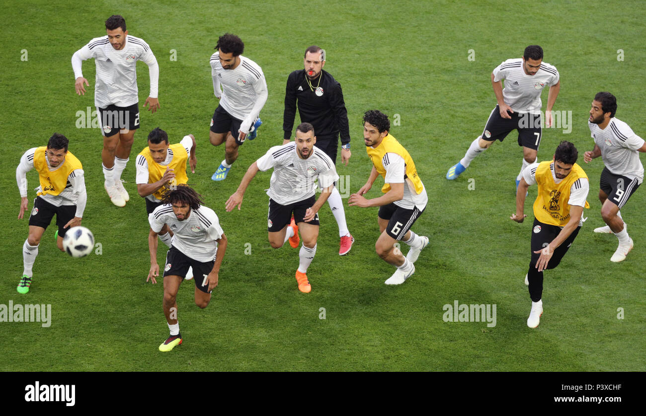 Egypt's Mohamed Salah (top row, second left) and team-mates warm up ...