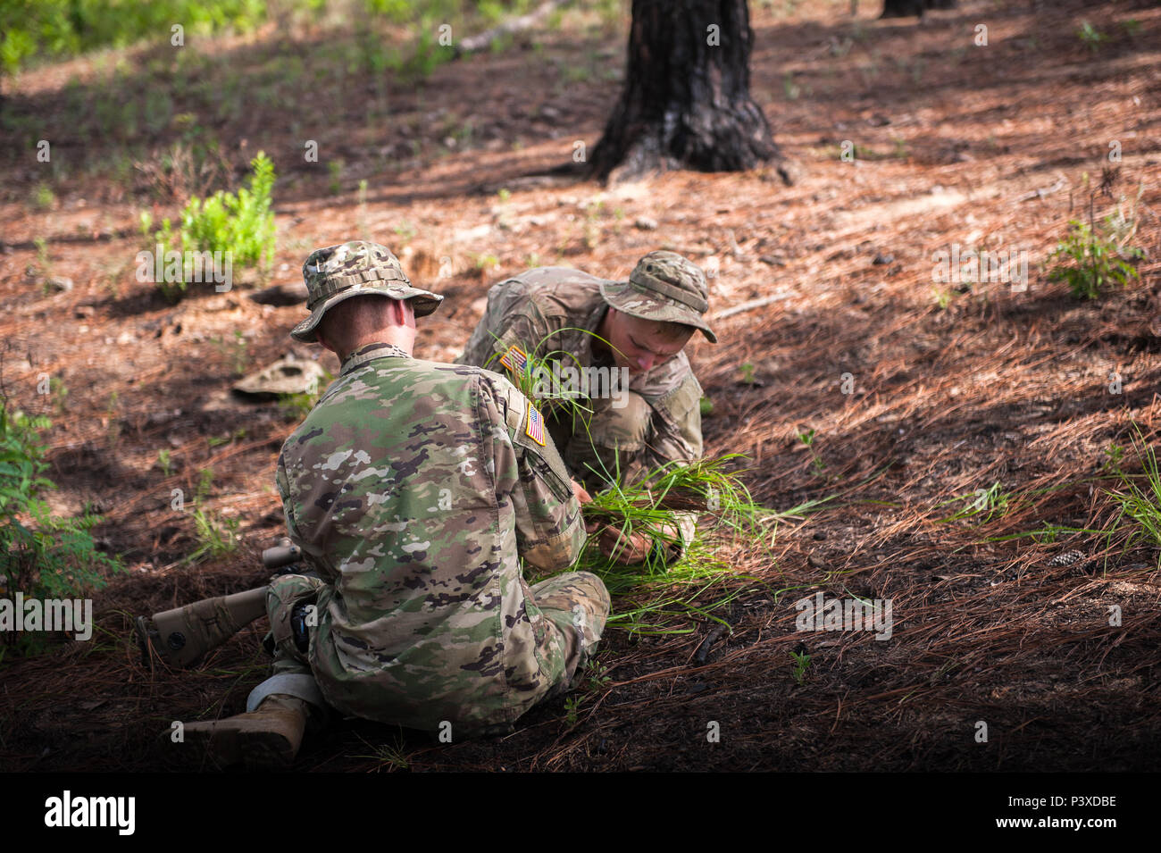 Two United States Army Sniper Course students buddy up camouflaging ...