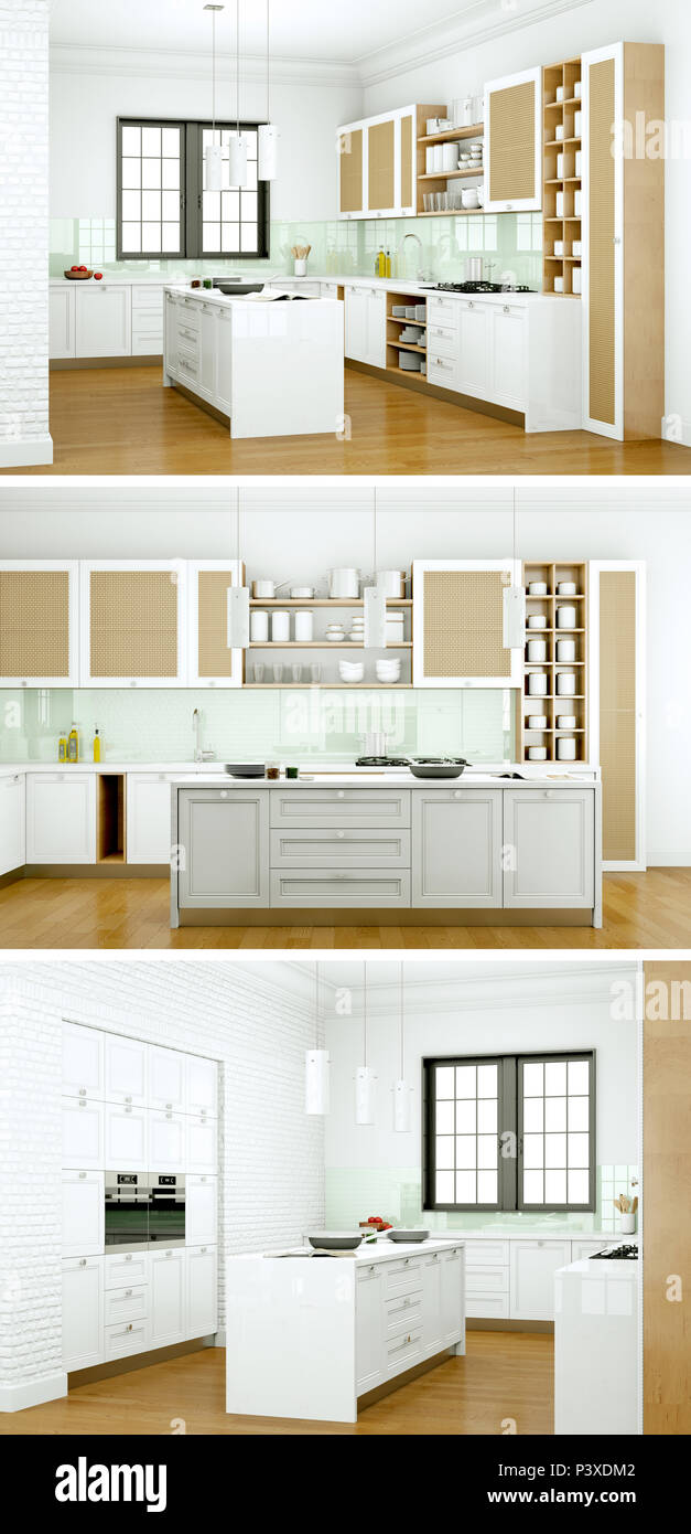 3d Illustration of three views of a modern kitchen with a beautiful ...