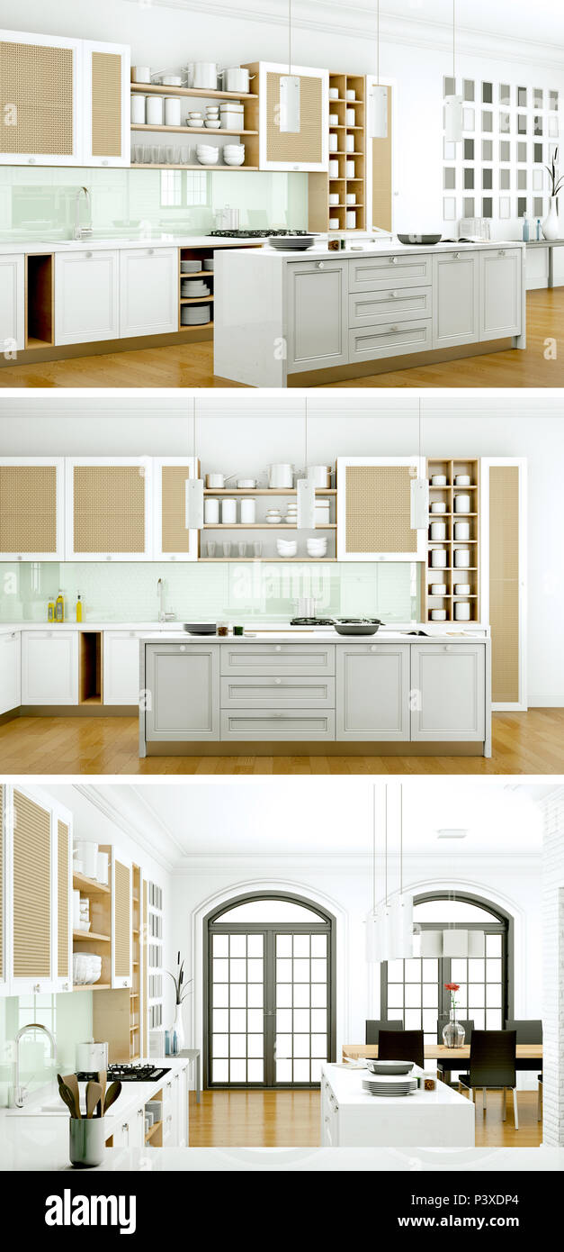 3d Illustration of three views of a modern kitchen with a beautiful ...