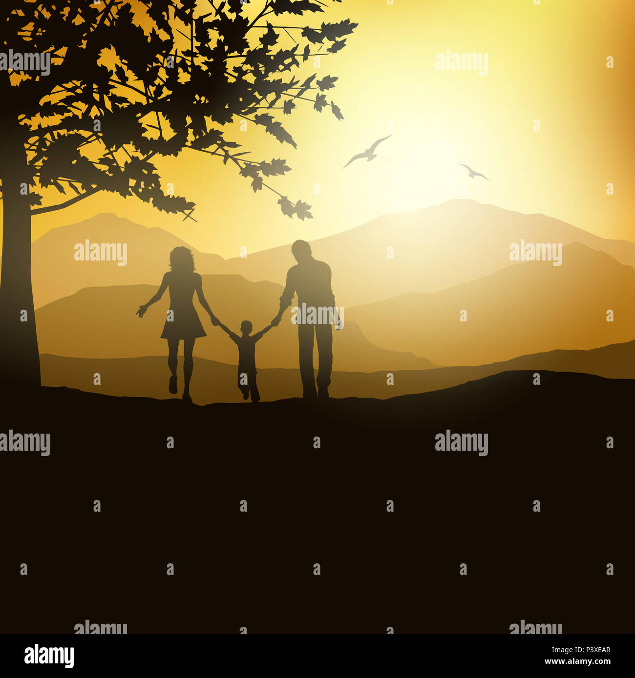 Silhouette of a family walking in the countryside Stock Photo - Alamy