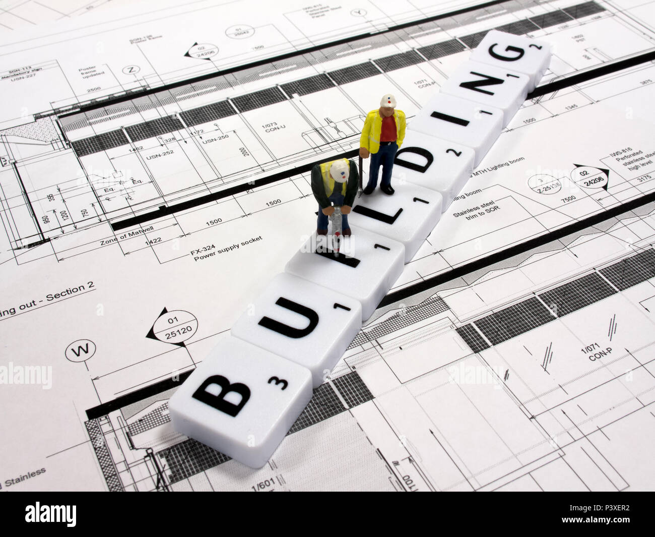 representation of the building industry on technical drawing background ...