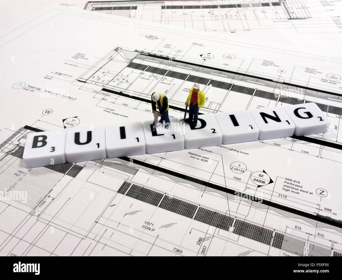 representation of the building industry on technical drawing background ...