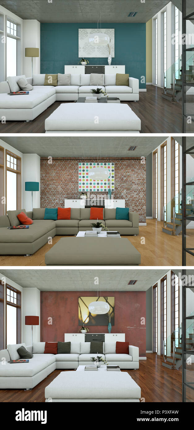 3d Illustration of three color variations of a modern loft interior ...
