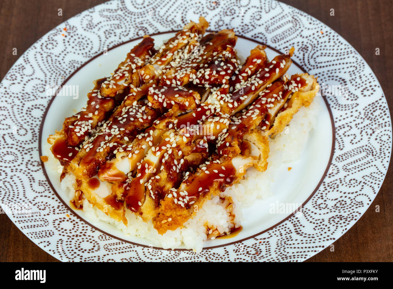 Chicken tempura with rice and teriyaki sauce Stock Photo - Alamy