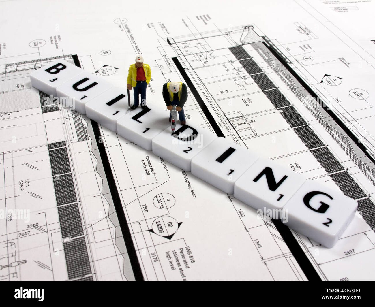 representation of the building industry on technical drawing background ...