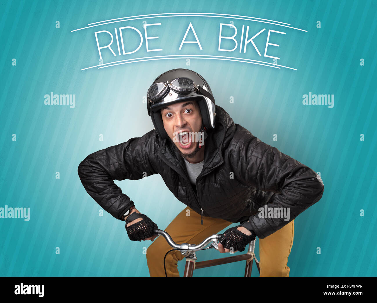 Kooky young guy on a bike with cyclist keywording and streaky ...