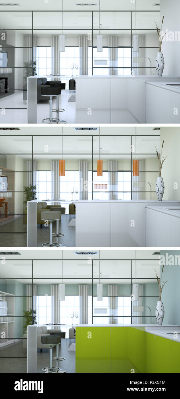 3d Illustration of three color variations of a modern kitchen with a ...