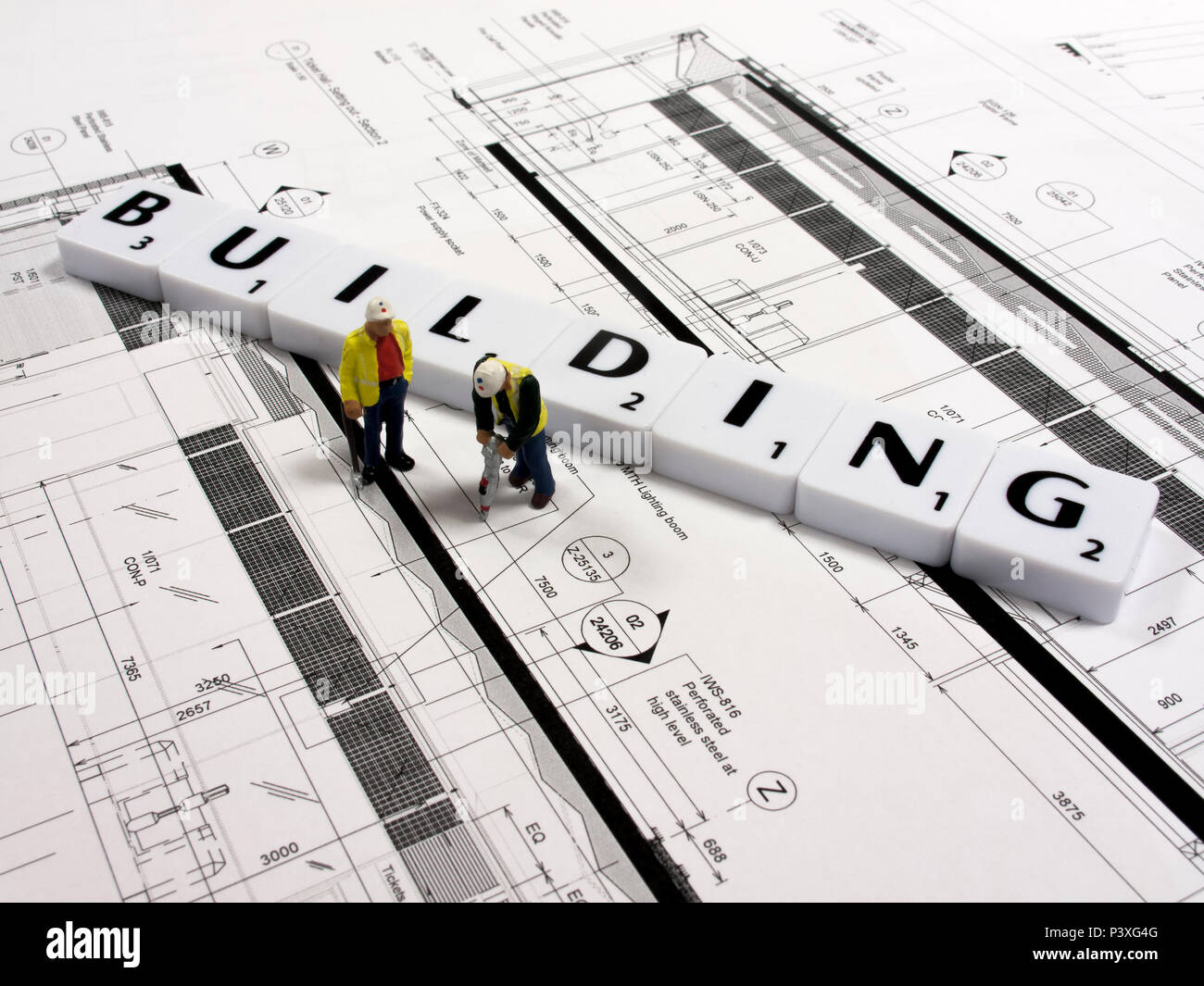 representation of the building industry on technical drawing background ...