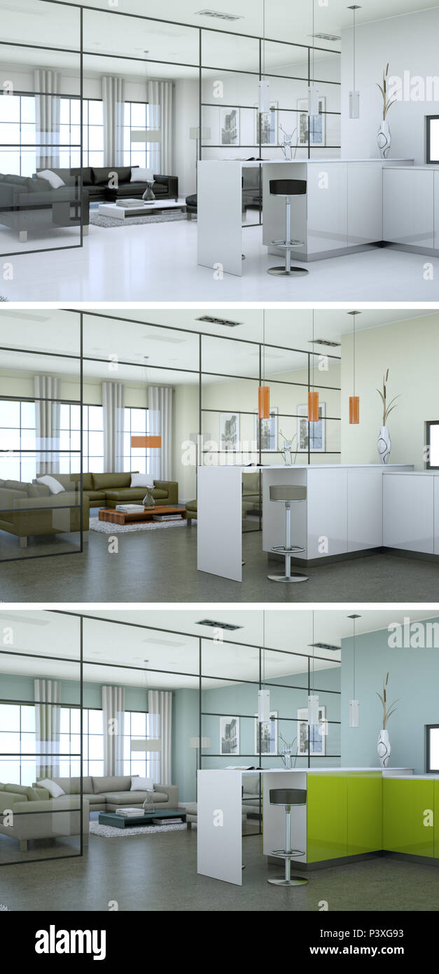3d Illustration of three color variations of a modern kitchen with a ...