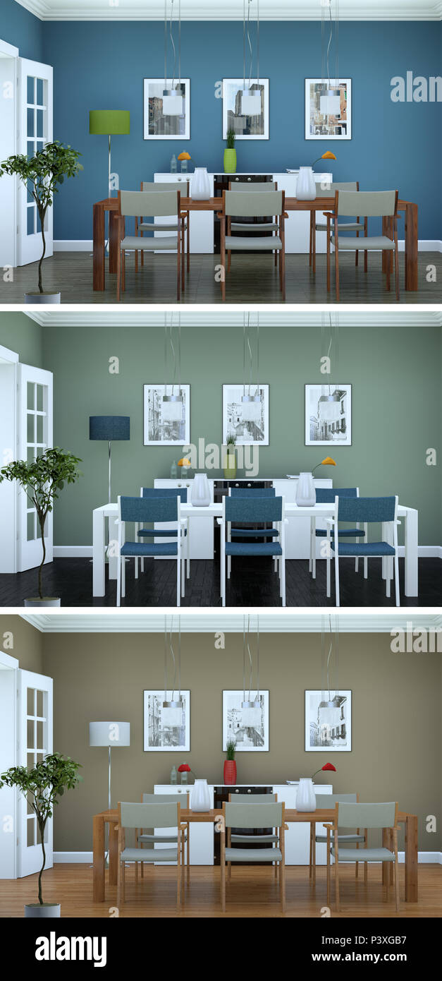 3d Illustration of three color variations of a modern loft interior ...