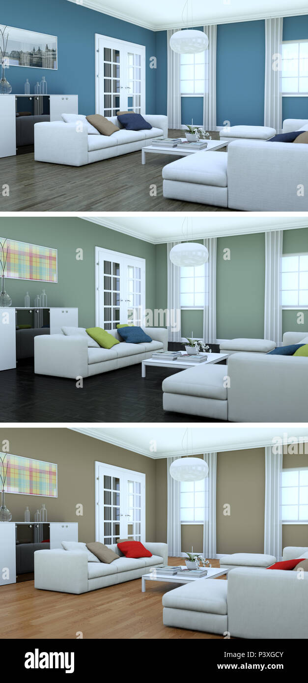 3d Illustration of three color variations of a modern loft interior ...