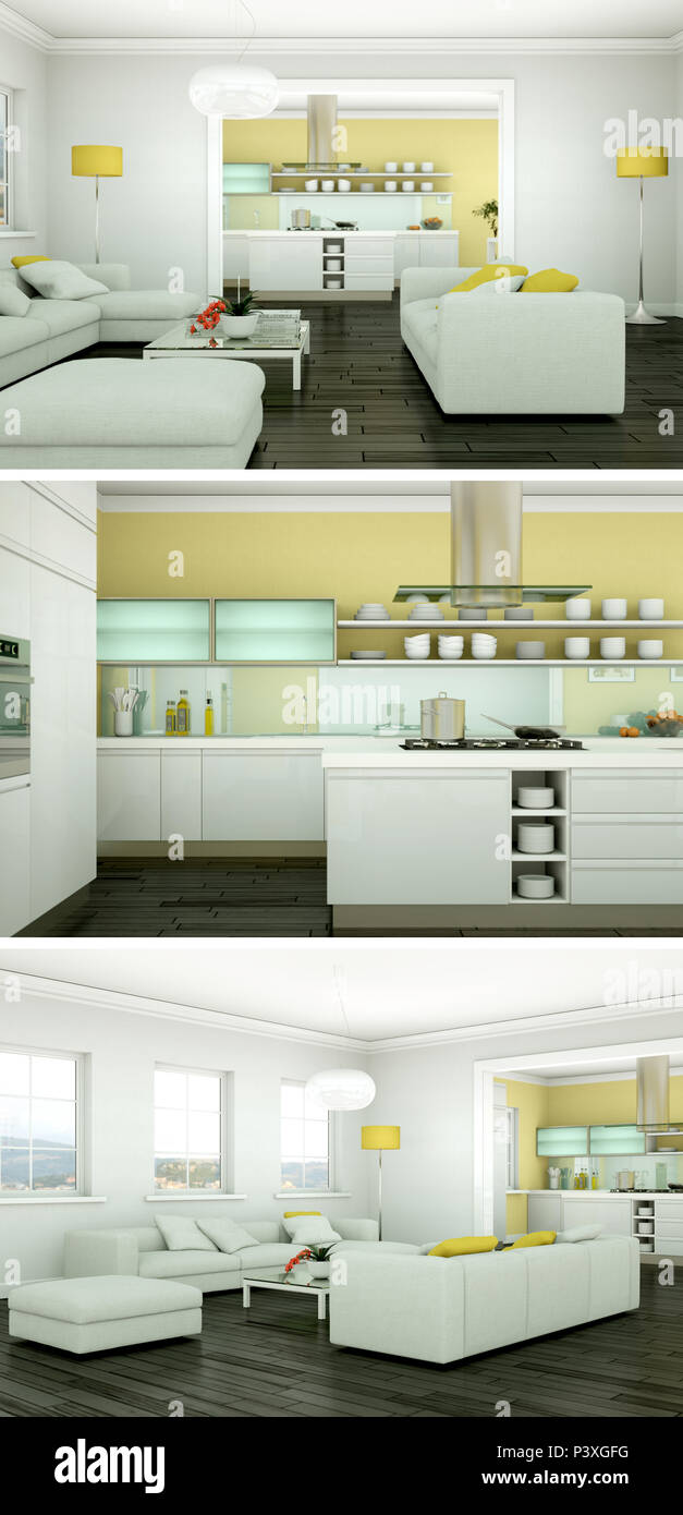 Three views of modern interior loft design 3d Rendering Stock Photo - Alamy