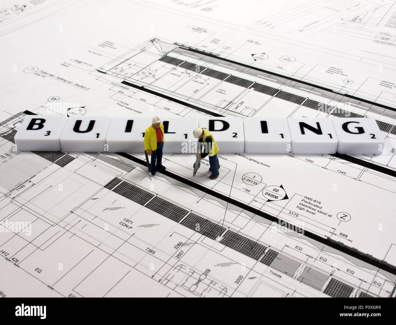 representation of the building industry on technical drawing background ...
