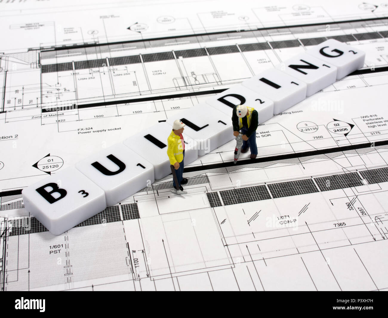 representation of the building industry on technical drawing background ...