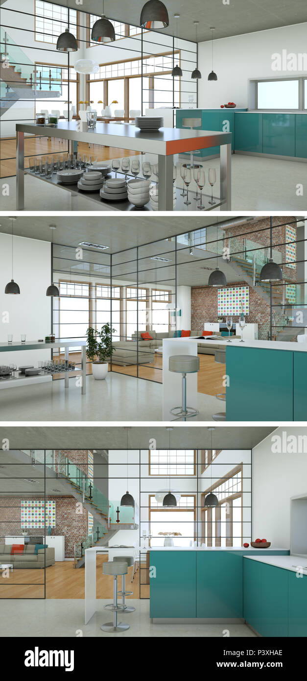 Three views of modern interior loft design 3d Rendering Stock Photo - Alamy