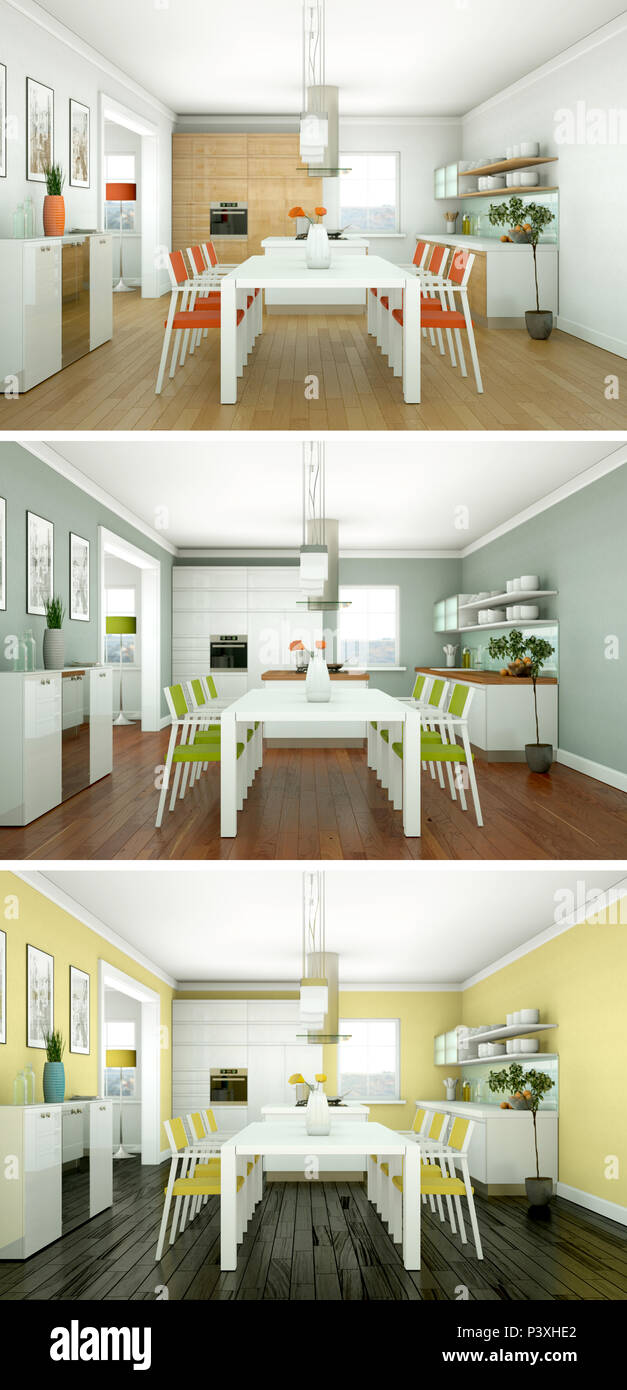 3d Illustration of three color variations of a modern loft interior ...
