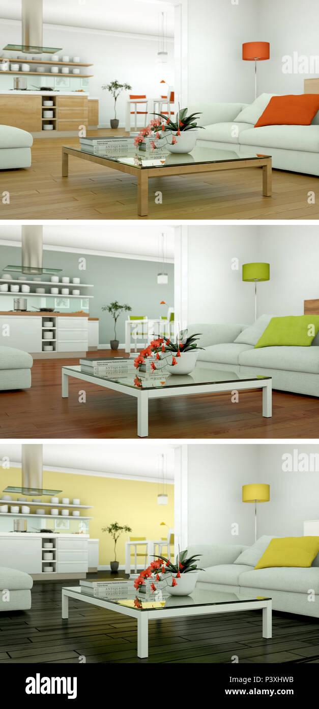 3d Illustration of three color variations of a modern loft interior ...