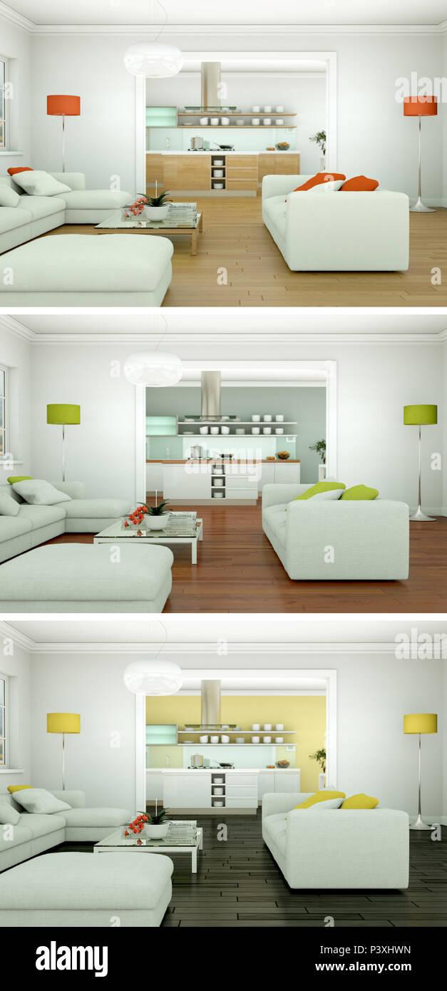 3d Illustration of three color variations of a modern loft interior ...