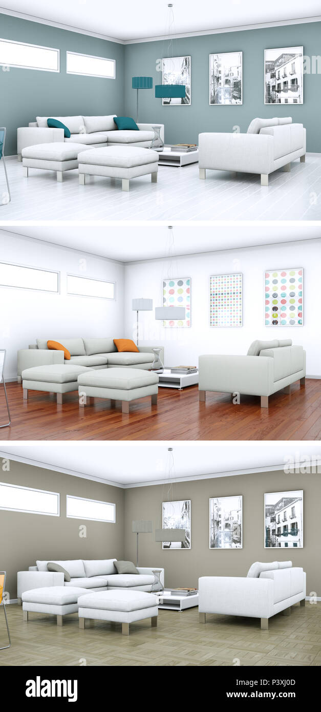 3d Illustration of three color variations of a modern loft interior ...