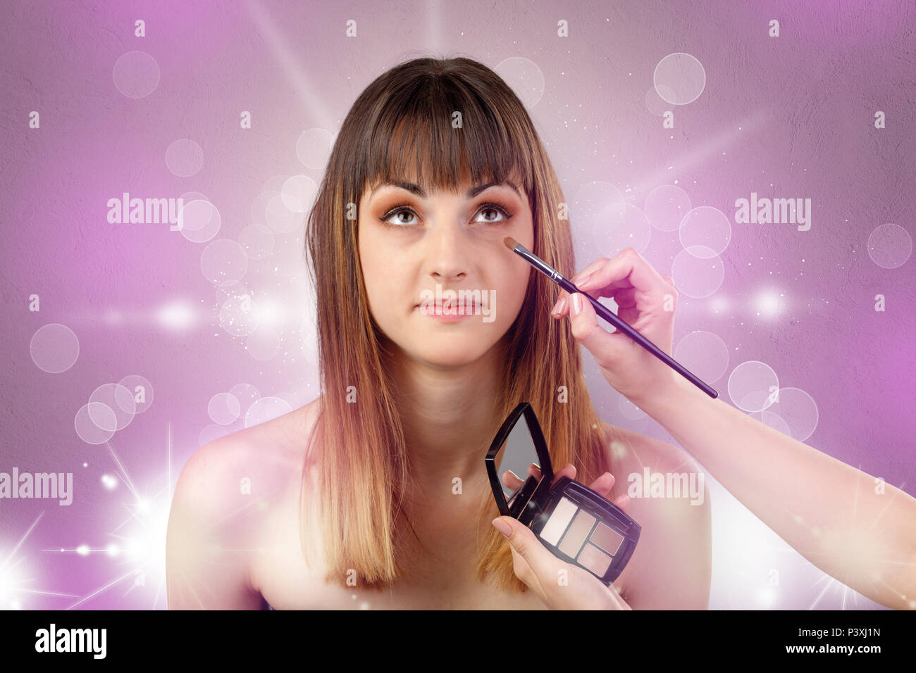 Young woman portrait with shiny pink beauty salon concept and personal ...