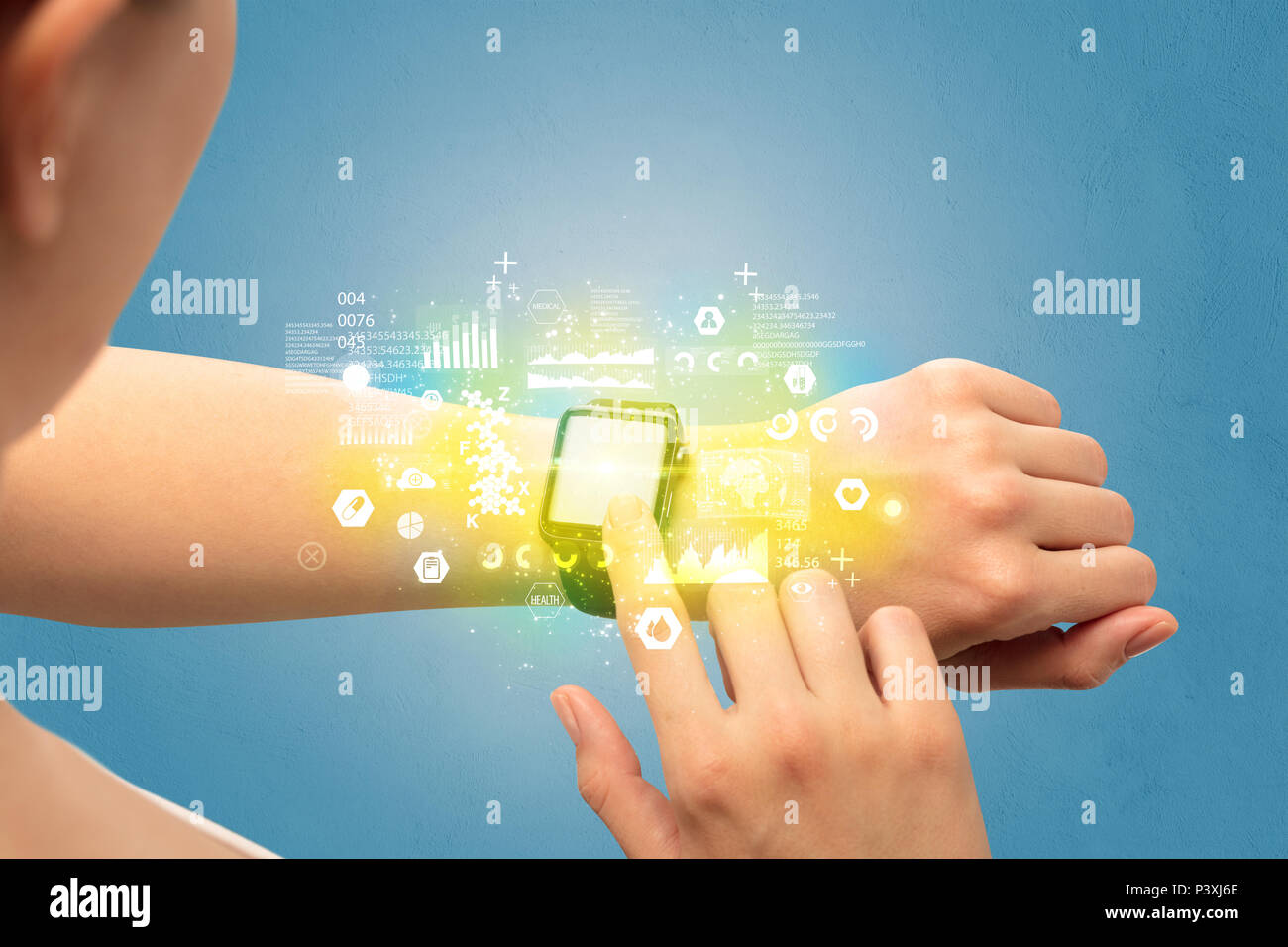 Hand with smartwatch and health medical tracker concept Stock Photo - Alamy