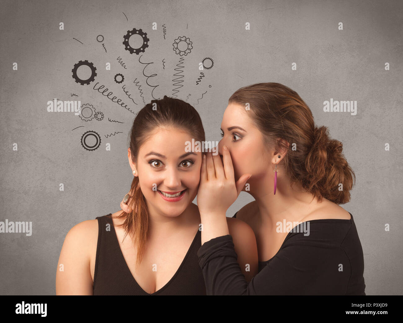 Two Girlfriends In Elegant Black Dress Sharing Secrets With Each Other