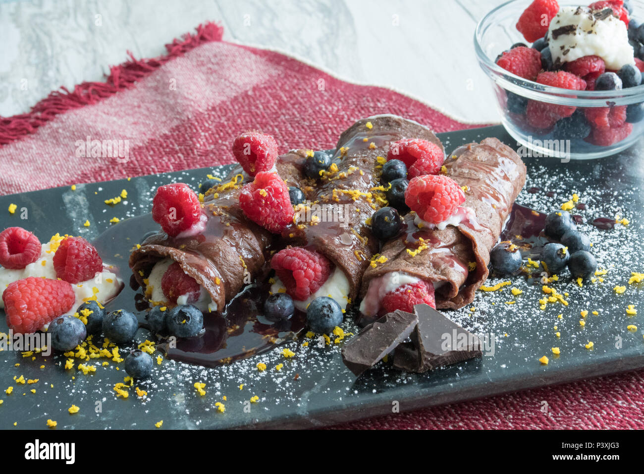 Gourmet Chocolate Crepes-Closeup food photos. Shot at various angles ...