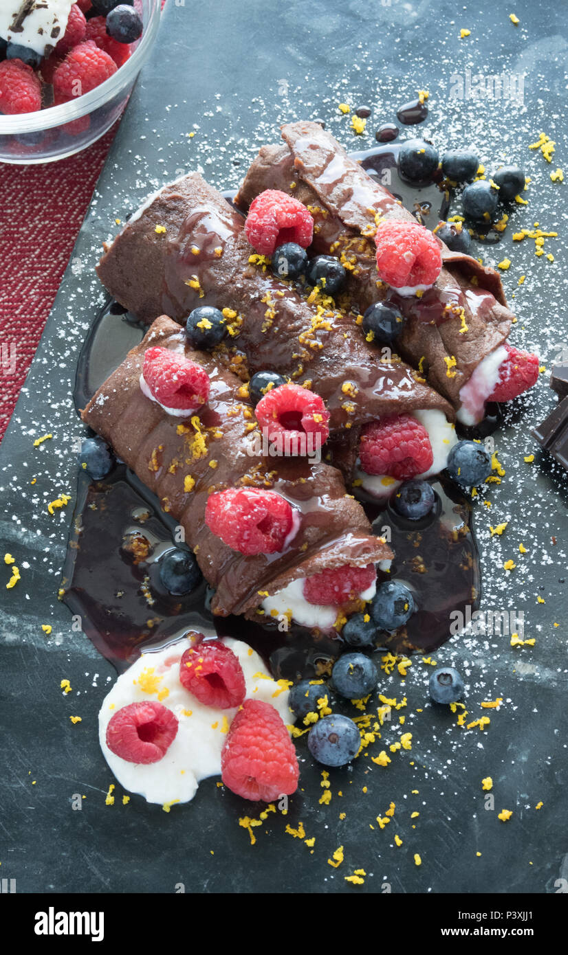 Gourmet Chocolate Crepes-Closeup food photos. Shot at various angles ...