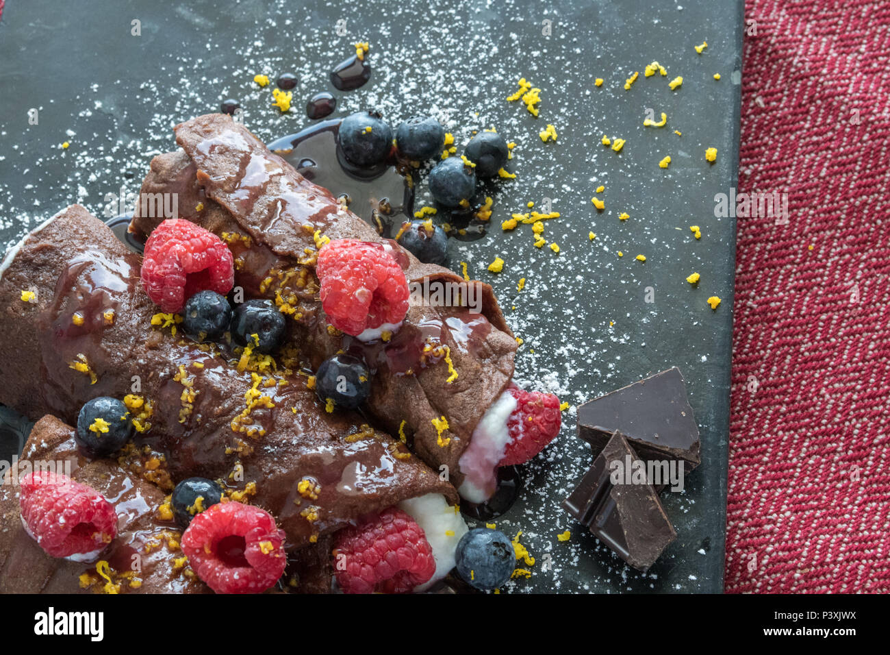 Gourmet Chocolate Crepes-Closeup food photos. Shot at various angles ...
