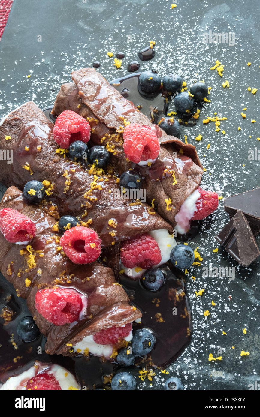 Gourmet Chocolate Crepes-Closeup food photos. Shot at various angles ...