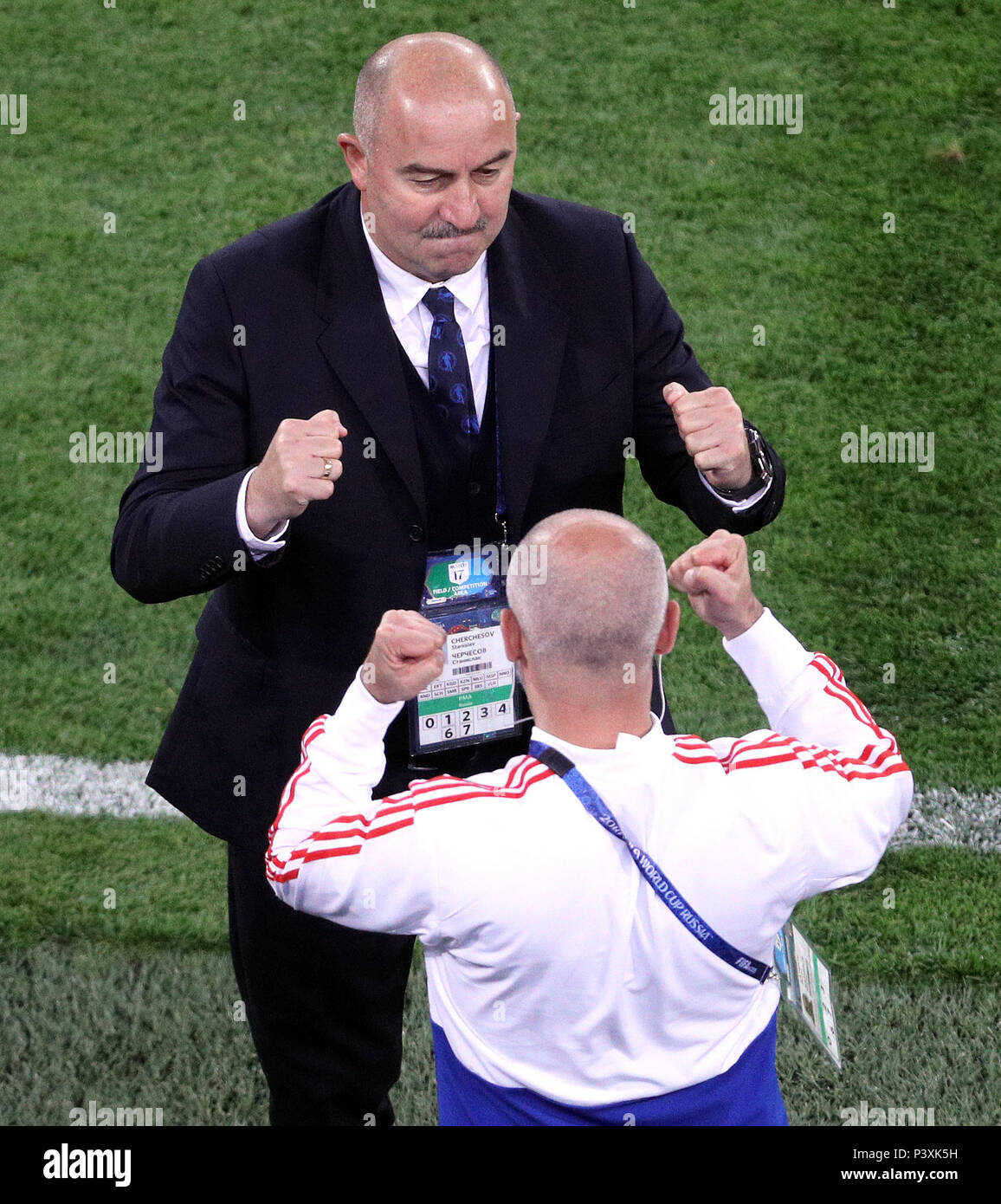 Russia manager Stanislav Cherchesov celebrates victory after the FIFA ...