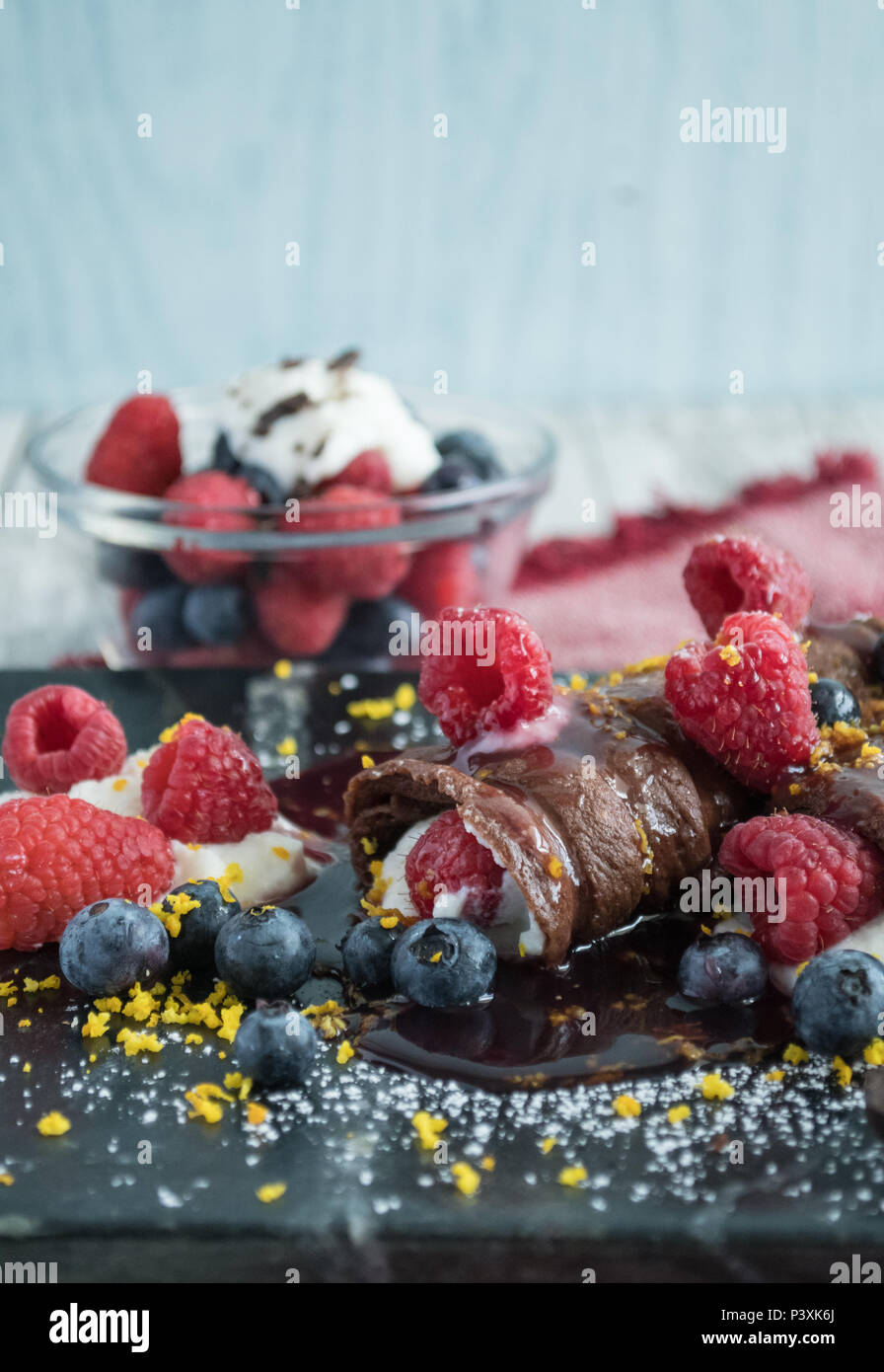 Gourmet Chocolate Crepes-Closeup food photos. Shot at various angles ...