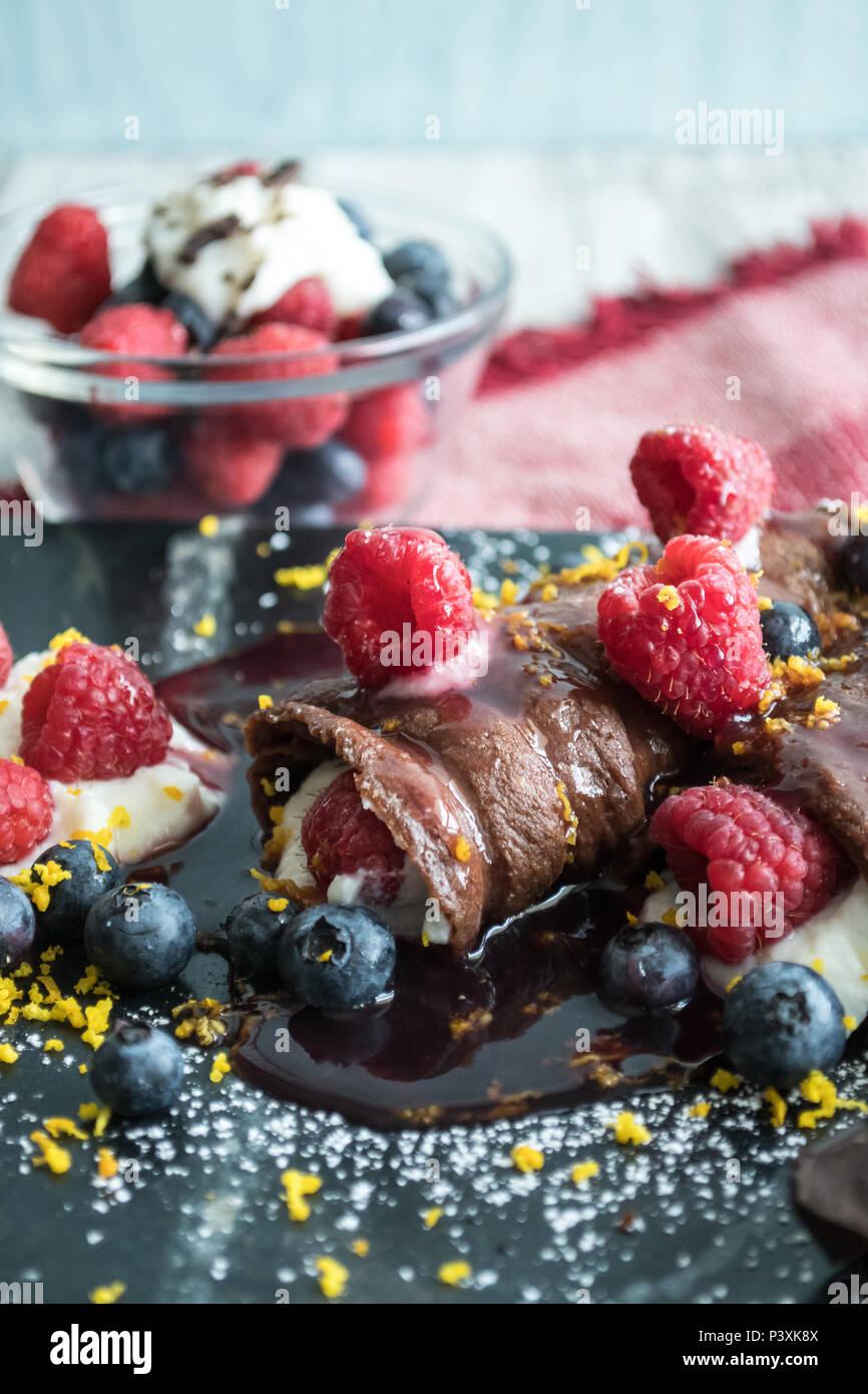 Gourmet Chocolate Crepes-Closeup food photos. Shot at various angles ...
