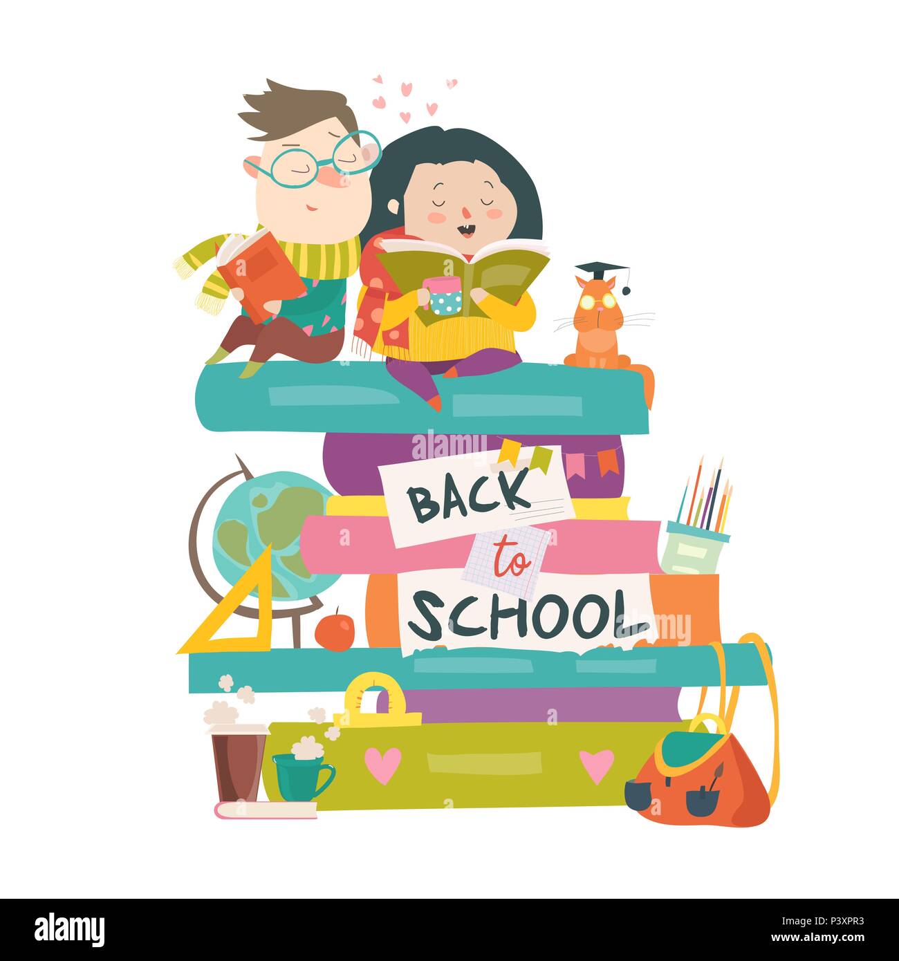 Cartoon boy reading on stack hi-res stock photography and images - Alamy