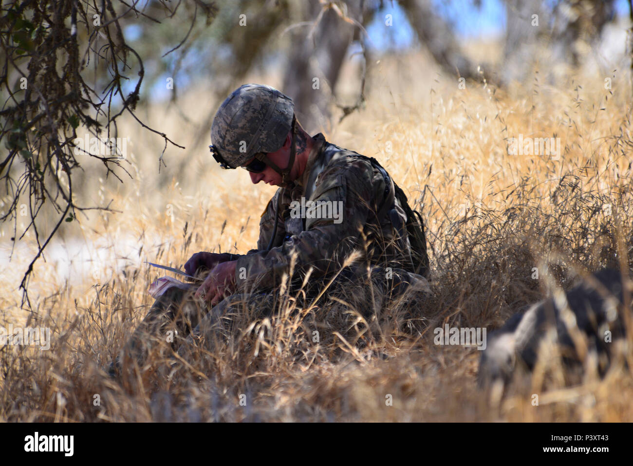 An Oregon Army National Guard Soldier plots his points under the shade ...