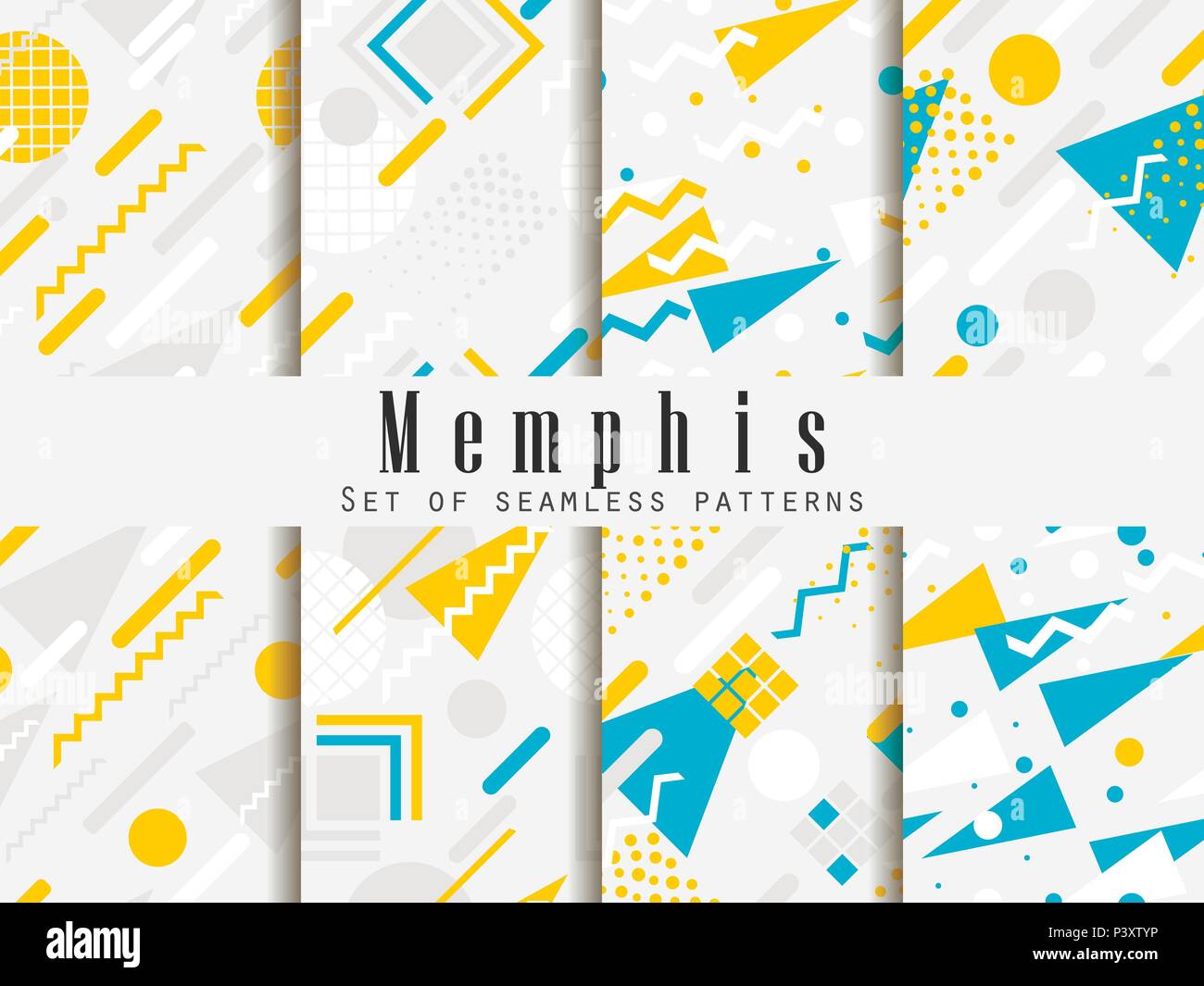 Memphis seamless pattern. Geometric elements memphis in the style of 80's. Gray, yellow and blue ...
