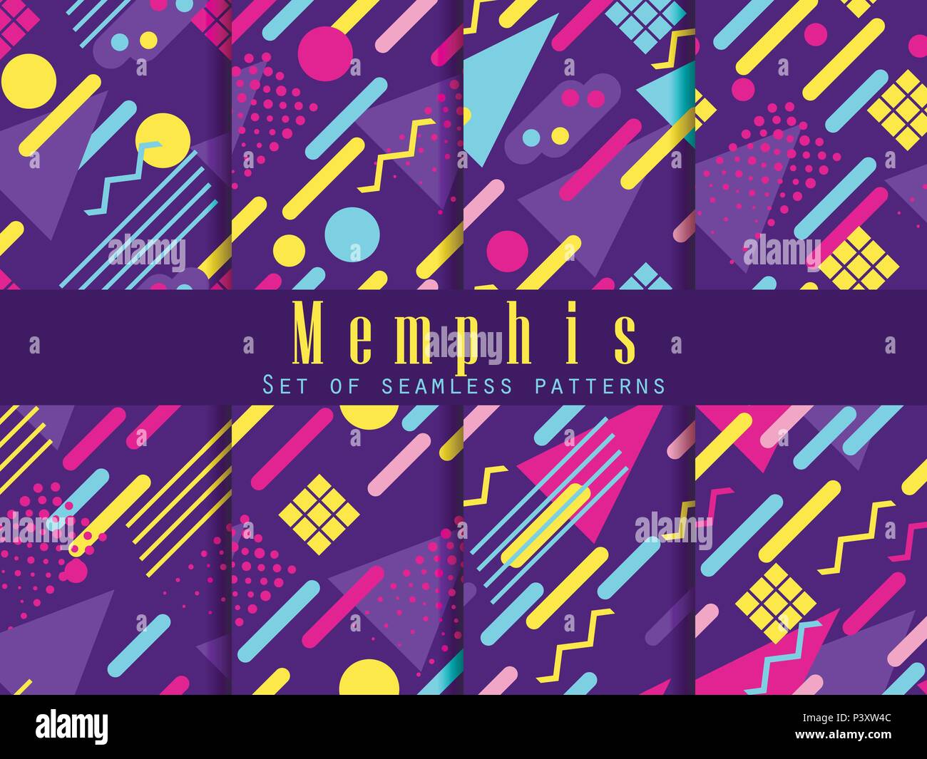 Seamless geometric patterns of memphis style. Fashion 80's backgrounds ...
