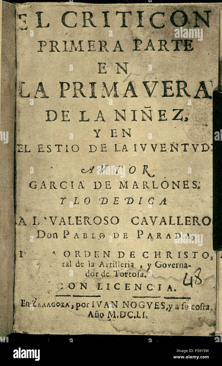 Flyleaf of "The Critic" (El Criticon). Madrid, National Library. Author ...