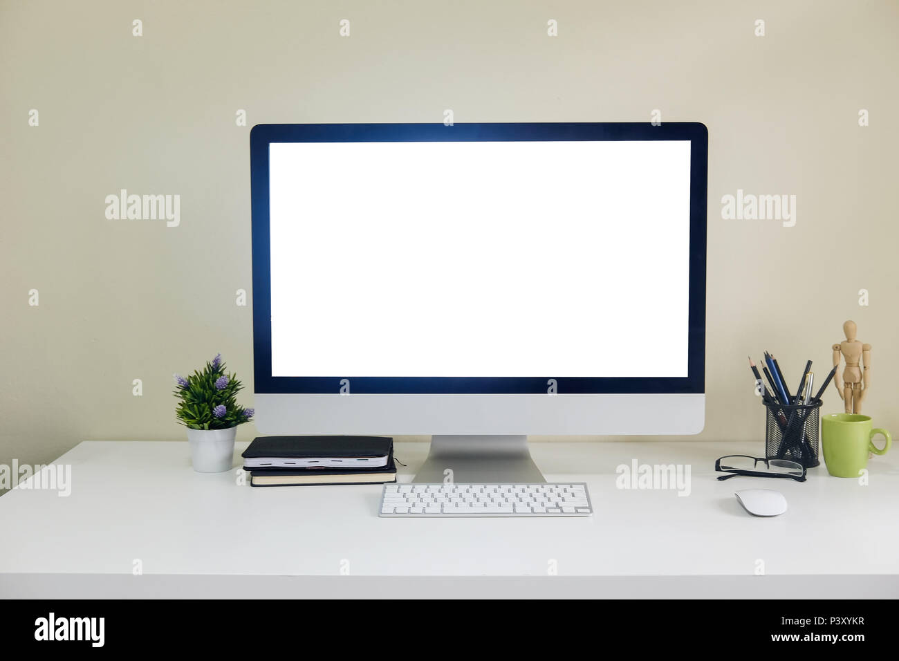 Mock up Computer on workspace with colour pencil artist workplace Stock ...